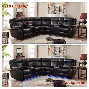 Power Reclining Sectional Sofa Set Faux Leather Recliner Couch with LED Lights/USB Port/Console Storage/Cup Holders Home Theater Sectional Sofa
