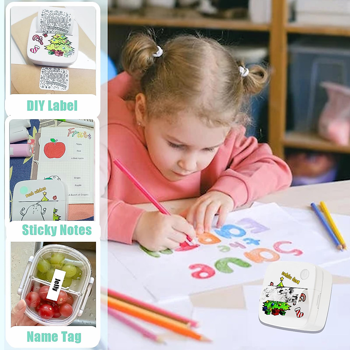 DOLEWA Sticker Printer with 5 Rolls Paper, Mini Portable Sticker Maker Machine Thermal Pocket Printer, Inkless Note Printer, Bluetooth Label Printer for Study, Scrapbook, DIY Journal, Memo, Photos