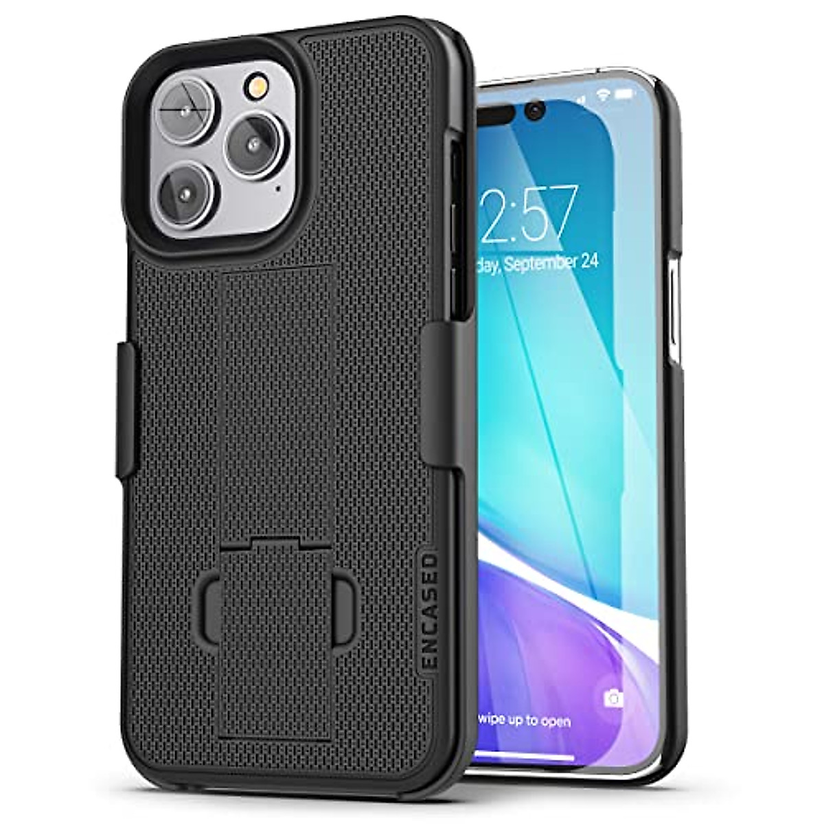 Encased DuraClip Holster Designed for iPhone 14 PRO Case with Belt Clip and Kickstand (Matte Black)