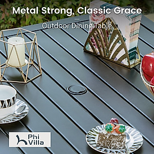 PHI VILLA 6 pcs Patio Dining Set with Umbrella(Navy Blue),1 Square Metal Table, 4 Outdoor All Weather PE Rattan Chairs & 1 10ft 3 Tier Auto-tilt Umbrella (Base Not Included)