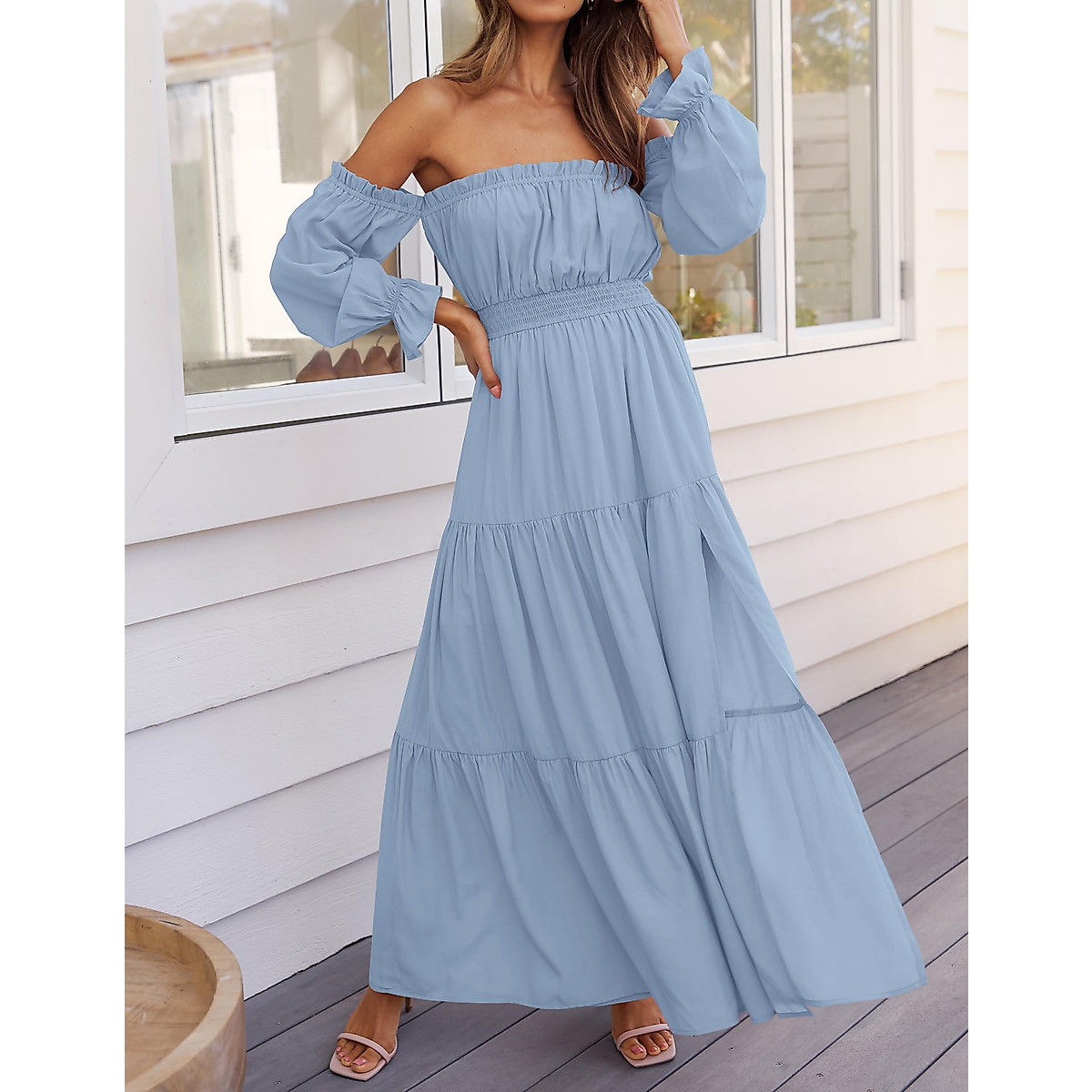 ZESICA Women's 2025 Boho Sexy Off Shoulder Long Sleeve Smocked High Waist Side Split Flowy A Line Tiered Long Maxi Dress,LightBlue,Medium