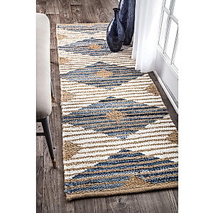 nuLOOM Hand Braided Marla Denim And Jute Diamonds Runner Rug, 2' 6" x 6', Off-white
