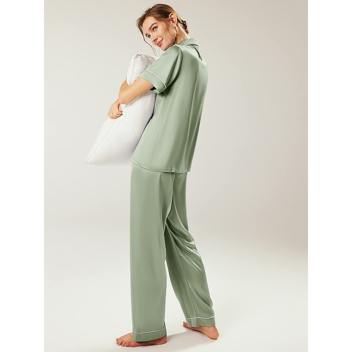 AW BRIDAL Silk Pajamas for Women Satin Pajama Set Button Up Bride Bridesmaid Pajamas Sleepwear Loungewear, Sage Green L