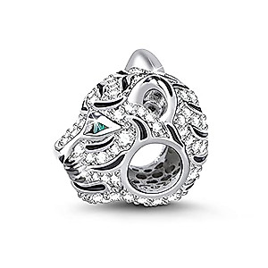 GNOCE Royal Tiger Head Charms for Bracelet S925 Sterling Silver Animal Bead Charm Tiger Punk Rock Pendant Charms for Women Men Necklace