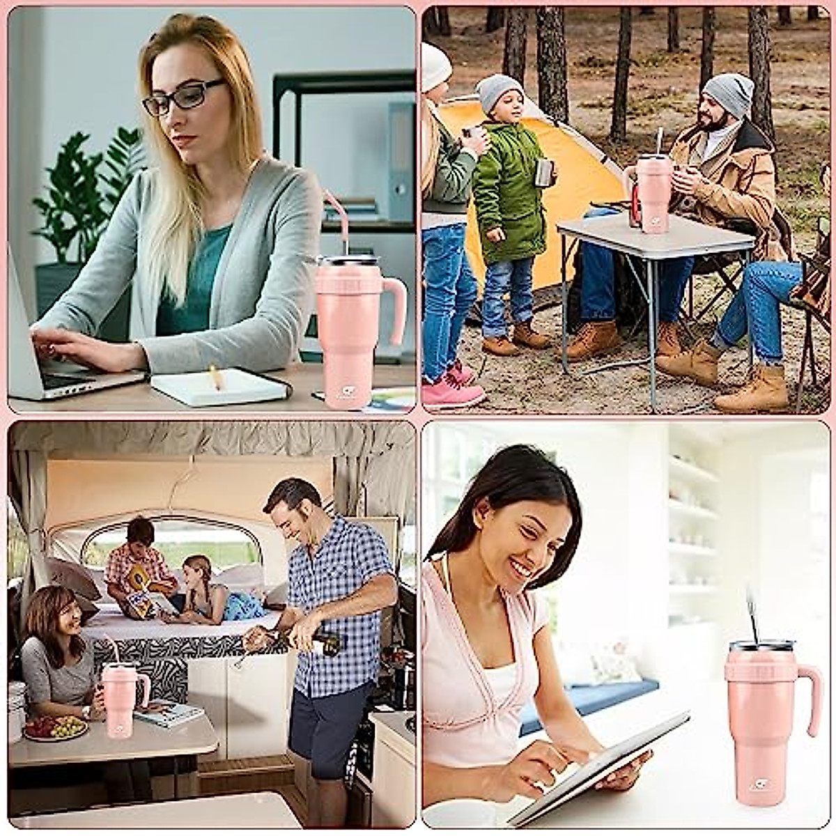 Camicour 40 Oz Tumbler With Handle Insulated Travel Mug With Straw，Reusable Stainless Steel Water Bottle Travel Mug Iced Coffee Cup，Keeps Drinks Cold Up To 34 Hours Or Hot For 12 Hours (Pink)