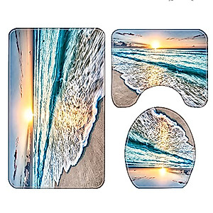 NMPPTM 4 Pcs Shower Curtain Set Beautiful Sunrise Over Sea Beach Sunny Sunset Marine Natural with Non-Slip Rugs Toilet Lid Cover and Bath Mat Bathroom Decor Set