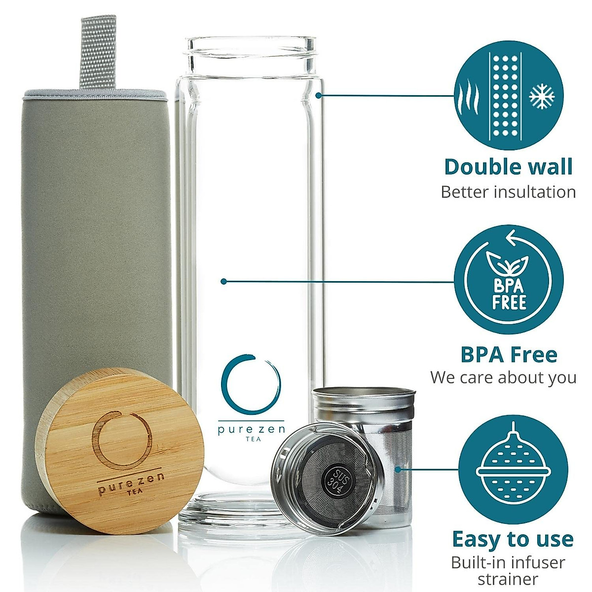 Pure Zen Tea Infuser Bottle - Insulated Glass Bottle for Loose Leaf Tea - Tea Tumbler with Infuser - Portable Travel Mug for Infused Water - Tea Diffuser Thermos on the Go - 15 oz