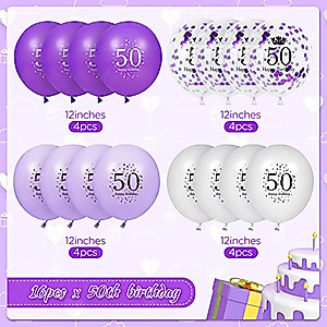 50th Purple Birthday Balloons Decorations, 16 PCS Purple White Confetti Latex Balloons for Women Men Happy Birthday Party Wedding Anniversary Indoor Outdoor Party Supplies,12 Inch