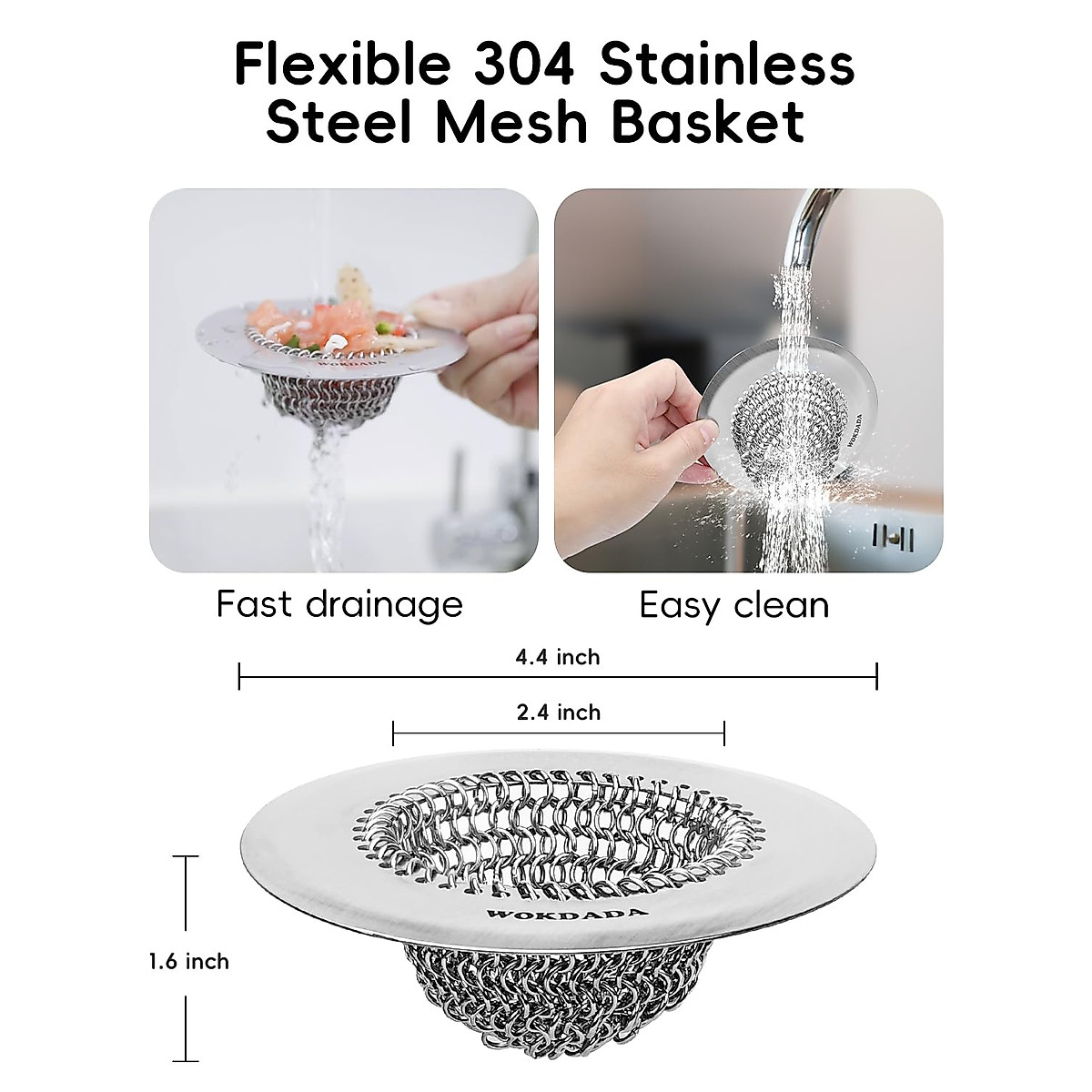 2 Packs Sink Drain Strainer, Easy Clean Reversible Mesh Sink Strainer with 304 Stainless Steel, Wokdada Revolutionary Anti-Rust Kitchen Sink Strainer Food Catcher for Garbage Disposal Without Clogging