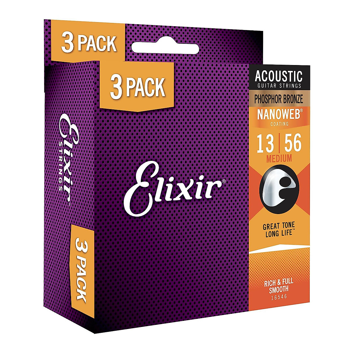 Elixir Strings, Acoustic Guitar Strings, Phosphor Bronze with NANOWEB Coating, Longest-Lasting Rich and Full Tone with Comfortable Feel, 6 String Set, 3 Pack, Medium 13-56