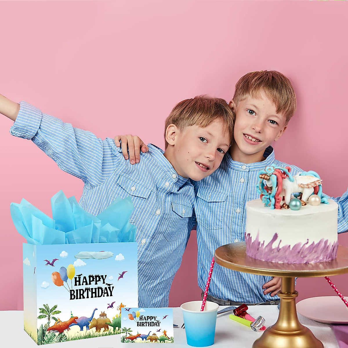 13" Large Watercolor Dinosaur Birthday Gift Bag for Boy Kids with Card and Tissue Papers