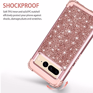 LONTECT for Google Pixel 7 Pro Case Glitter Sparkly Bling Shockproof Heavy Duty Hybrid Sturdy Drop Protective Cover Women Girl Case for Google Pixel 7 Pro 2022,Shiny Rose Gold