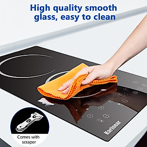 Karinear 110V Electric Cooktop 2 Burner - 12 Inch Plug in Electric Stove 110v, Countertop & Built-in Ceramic Cooktop, 2000W, Timer, Safety Lock, Residual Heat Indicator, Overheat Protection