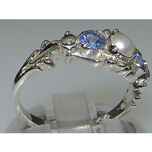 925 Sterling Silver Cultured Pearl and Tanzanite Womens Promise Ring - Size 6.5