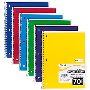 Mead 05512 Spiral Notebook, College Ruled 7.5" x 10.5" 70 Sheets, 1 Subject, 6 Pack, Colors May vary