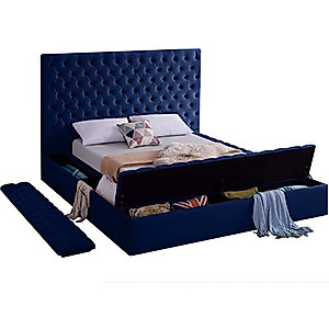Meridian Furniture Bliss Collection Modern | Contemporary Velvet Upholstered Bed with Deep Button Tufting and Storage Compartments in Rails and Footboard, Queen, Navy