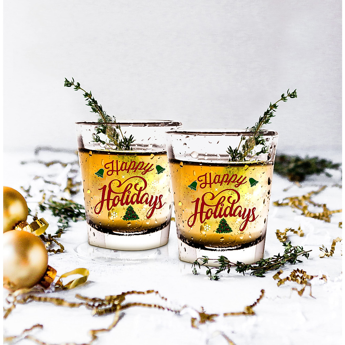 Bisyata christmas Shot Glass Gift Set -Happy Holidays- Glasses Drinkware or Votive Candle Holder for Thanksgiving or christmas Table Decoration - 2oz Set of 6 - With Gift Box
