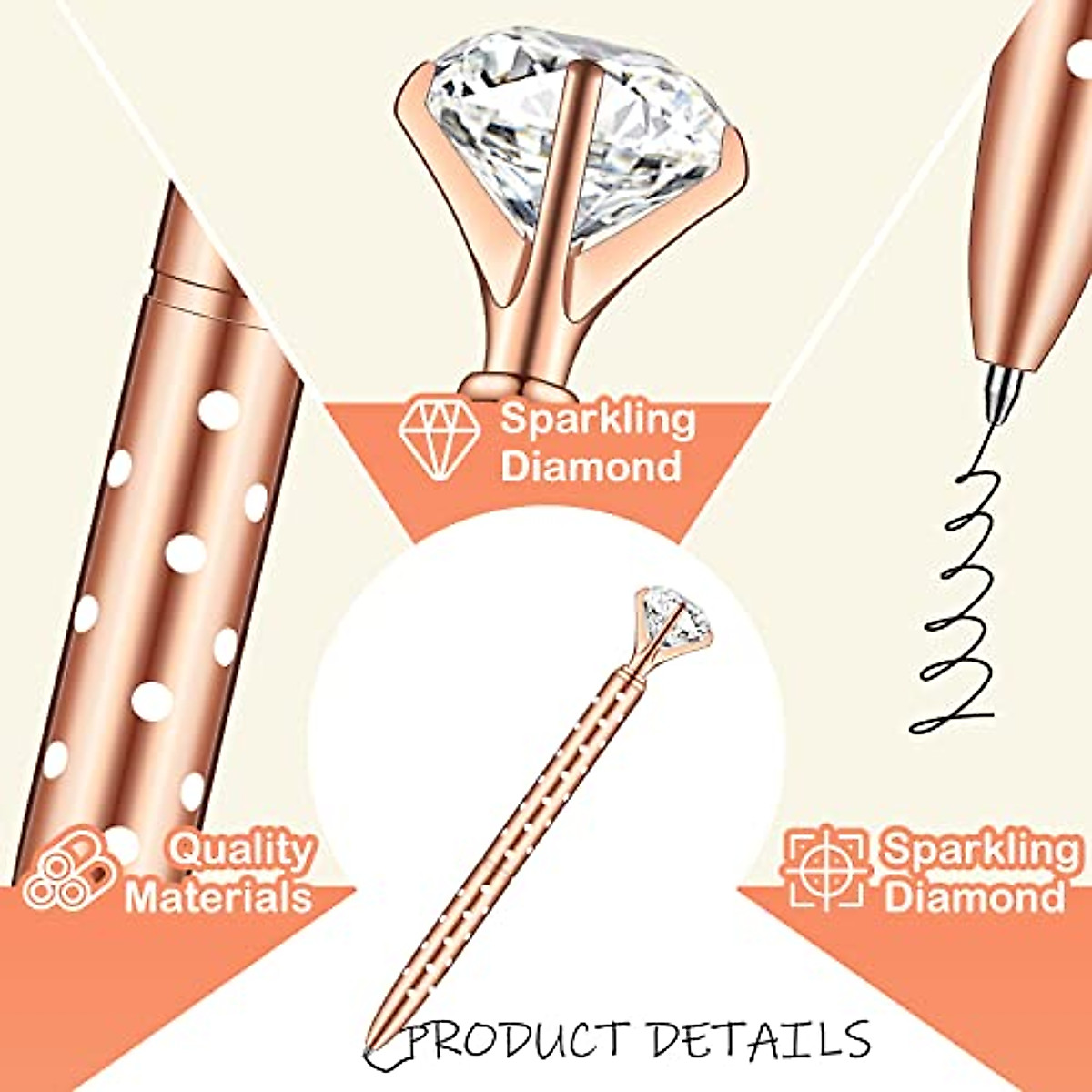 PASISIBICK 4 PCS Diamond Pens Bling Crystal Metal Ballpoint Pen Office Supplies, Rose Gold/Silver/White With Rose Polka Dots/Rose Gold With White Polka Dots, Includes 4 Pen Refills