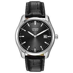 Citizen Men's Classic Eco-Drive Leather Strap Watch, Date, Luminous Hands and Markers, Black Dial, Black Strap/Stainless Steel