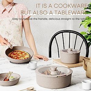 Caannasweis Detachable Nonstick Cookware Set - Stackable Induction Pots and Pans With Removable Handles, Dishwasher Safe - For RV Camping, Oven and Stovetop Use, 5 Pieces (Brown)