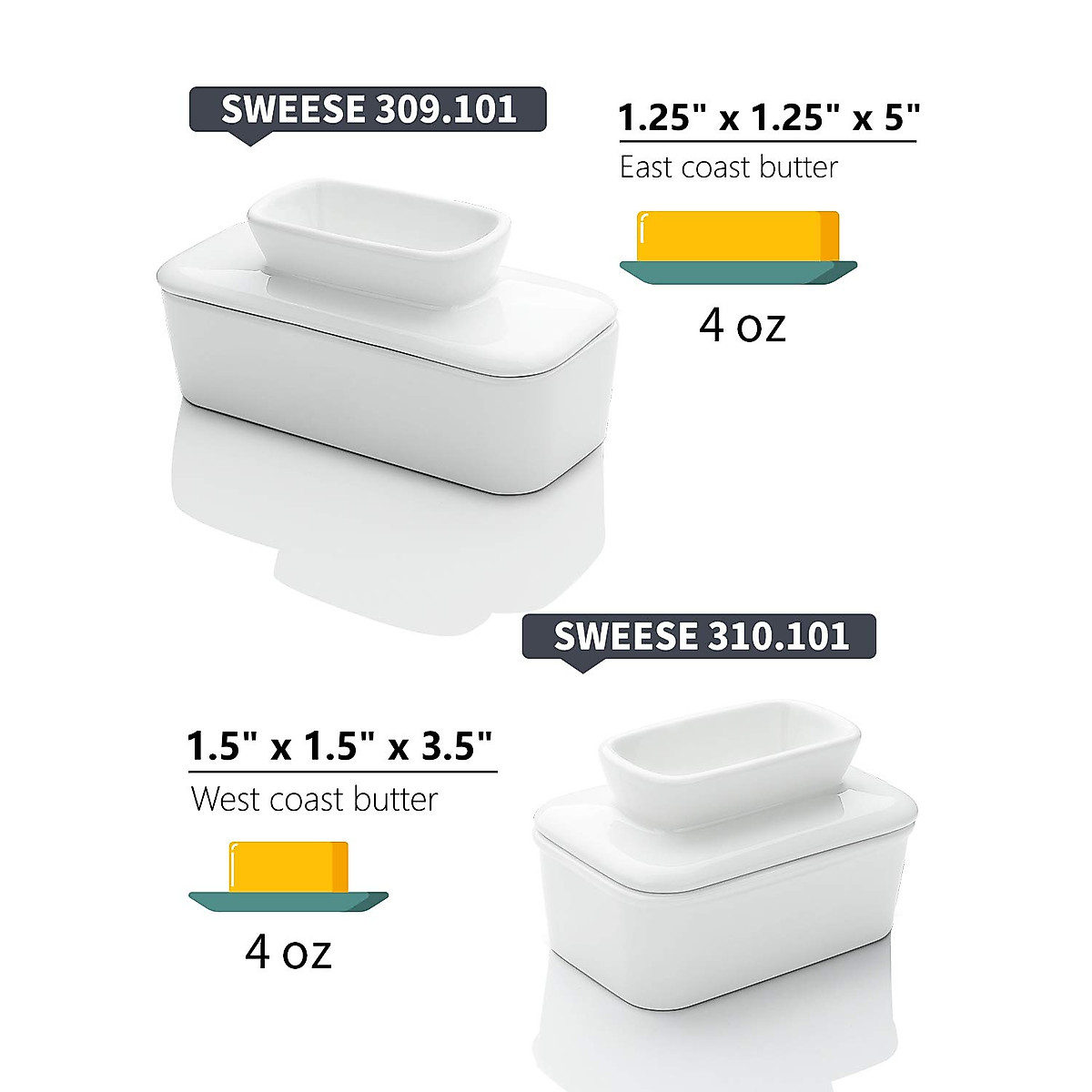 Sweese Porcelain Butter Dish with Water - French Butter Keeper Crock - Perfect for East Coast Butter - Spreadable without Refrigeration, White