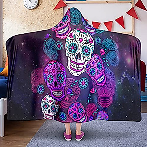 freedomlook Sugar Skull Hooded Blanket, Sherpa and Microfiber Fleece Candy Skull Skull Blanket with Hood for Teens and Adults (80 in x 55 in, Microfleece)