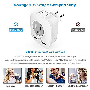 European Plug Adapter, Foval International Travel Power Adaptor with 2 USB, 4 in 1 US to Europe Travel Plug Adapter for France, Italy, Germany, Spain, Greece (Type C) (2 Pack)