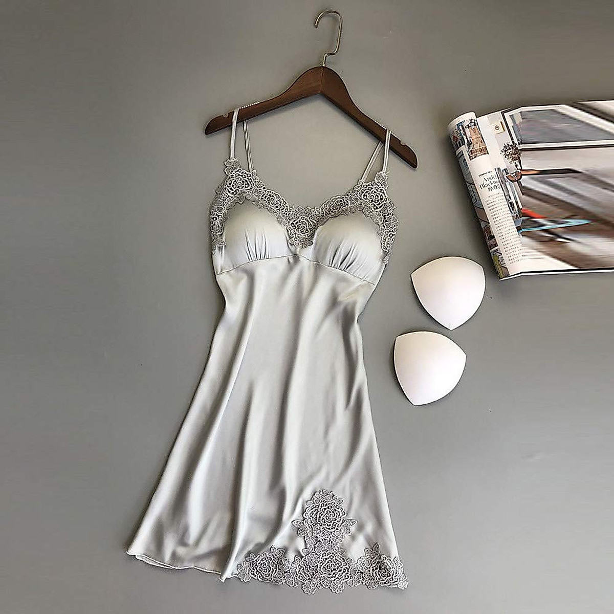 Aniywn Women Babydoll Nightgown Chemises Lace Lingerie Sleepwear Sexy V-Neck Full Slip Sleepdress Spaghetti Strap Nightdress Silver