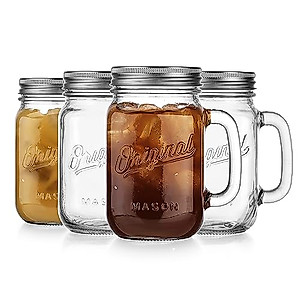 Mason Jar 16 Oz. Glass Mugs with Handle and Lid Set Of 4 - Home Essentials & Beyond - Old Fashioned Drinking Glass Bottles Original Mason Jar Pint Sized Cup Set.