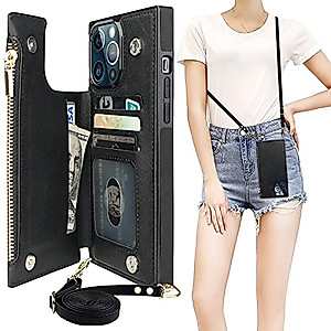 Bocasal Crossbody Wallet Case for iPhone 13 Pro Max with RFID Blocking Card Slot Holder, Magnetic Flip Folio Purse Case, PU Leather Zipper Handbag with Detachable Lanyard Strap 6.7 Inch 5G (Black)