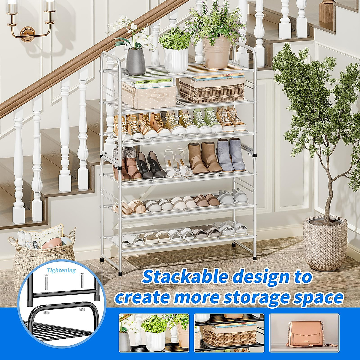 SUFAUY 3 Tier Shoe Rack, Closet Metal Shoe Rack Organizer Heavy Duty, Stackable, Silver