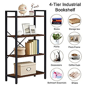 kinbor Bookshelves, Home Bookcase, 4-Tier Rustic Bookshelf, Wood Accent Modern Display Shelves Plant Stand Storage Organizer for Books, Potted Plant, Rustic Brown