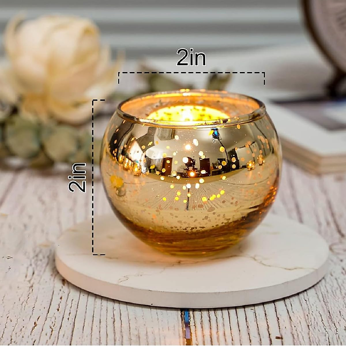 Tebery 12 Pack Round Gold Votive Candle Holders, 2-Inch Glass Tealight Candle Holder for Table Centerpiece, Wedding Decoration, Party, and Home Decor