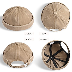 2 Pieces No Brim Hats for Men Women Casual Brimless Caps Cotton Cowboys Beanie Adjustable Docker Hat Retro Visor-Less Flip Cap Cool Sailor Skullcap Rolled Cuff Harbour Beanies (Black, Khakii)