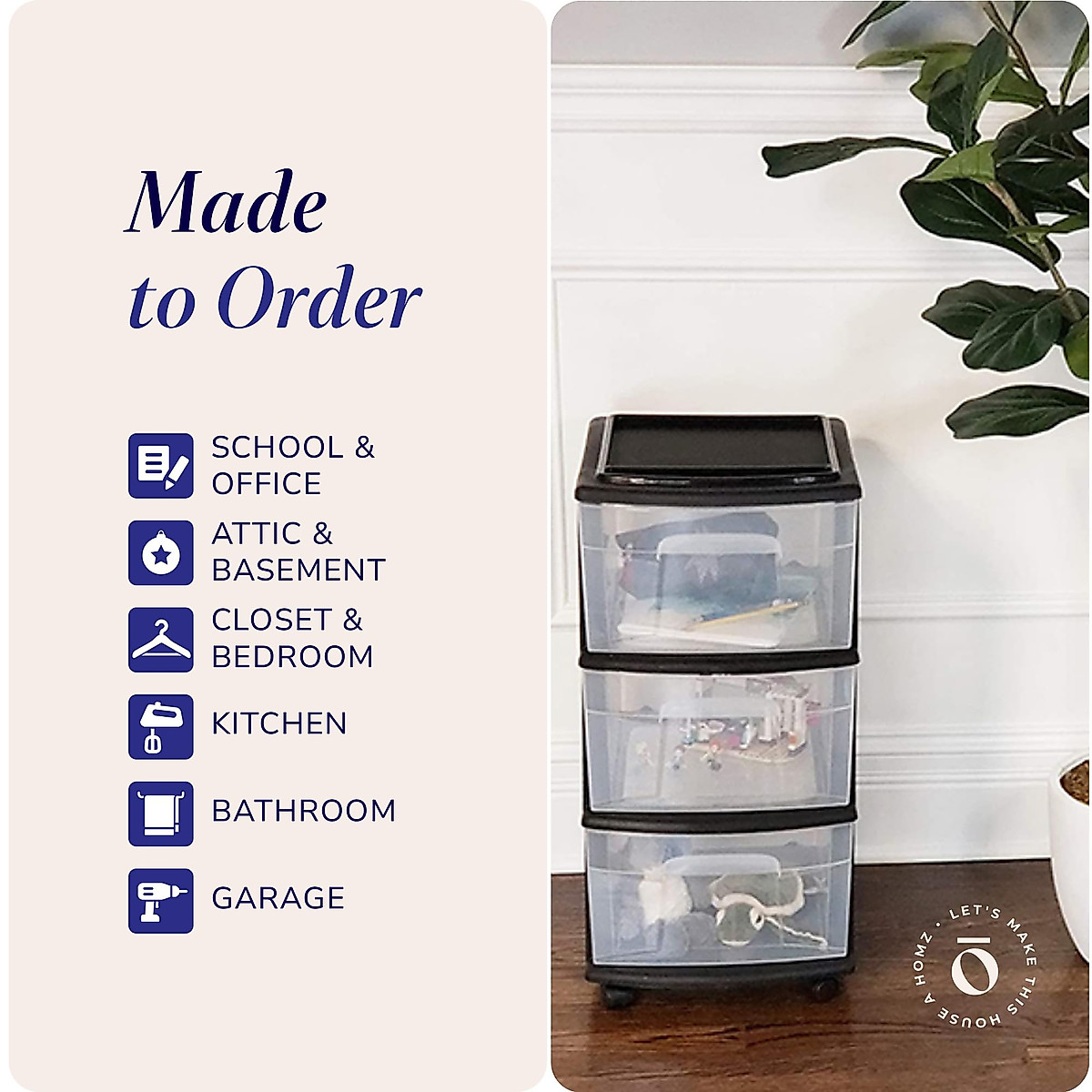 Homz Plastic 3 Clear Drawer Medium Home Organization Storage Container with 3 Large Drawers w/Removeable Wheels, Black Frame