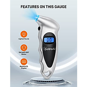 AstroAI Digital Tire Pressure Gauge 150 PSI 4 Settings for Car Truck Bicycle with Backlight LCD and Non-Skid Grip Car Accessories, Silver (1 Pack)