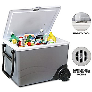 Koolatron Thermoelectric Iceless 12V Cooler/Warmer 36 qt (34 L) w/Wheels, Portable Electric Rolling Car Fridge w/ 12 Volt DC Power Cord, Gray/White, Travel Road Trips Camping, Made in North America