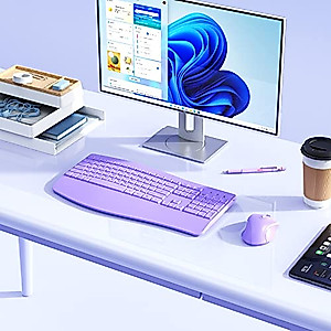 PEIOUS Wireless Keyboard and Mouse - Ergonomic Keyboard and Mouse Combo Full Size Keyboard Cordless with Palm Wrist Rest Ergonomic Mouse Wireless for Windows Computers Laptops - Light Purple