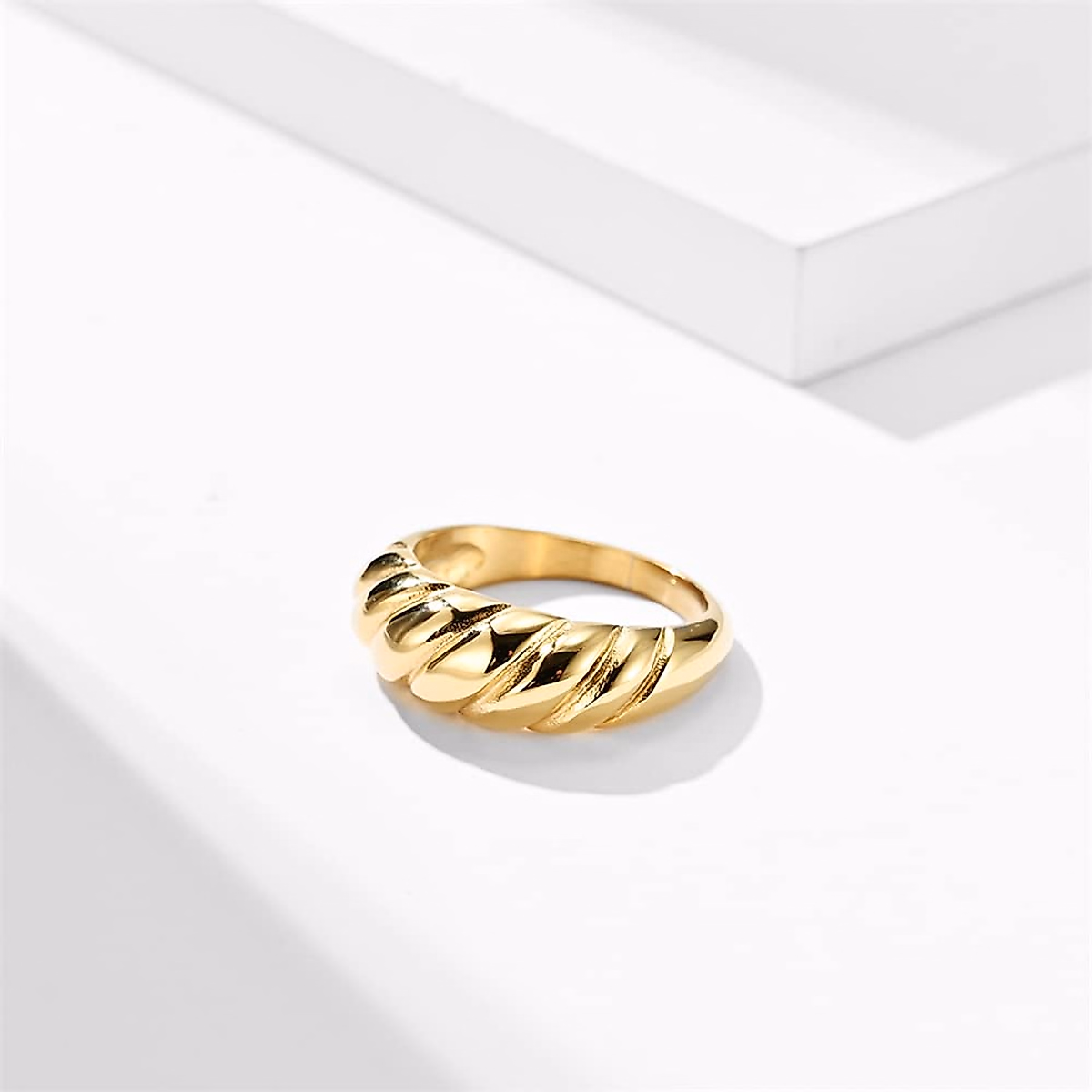 JILIYUPA 14K Gold Plated Croissant Dome Ring Twisted Braided Gold Plated Ring | Chunky Signet Ring, Signet Chunky Dome Ring Stacking Band for Women (Gold, 8)