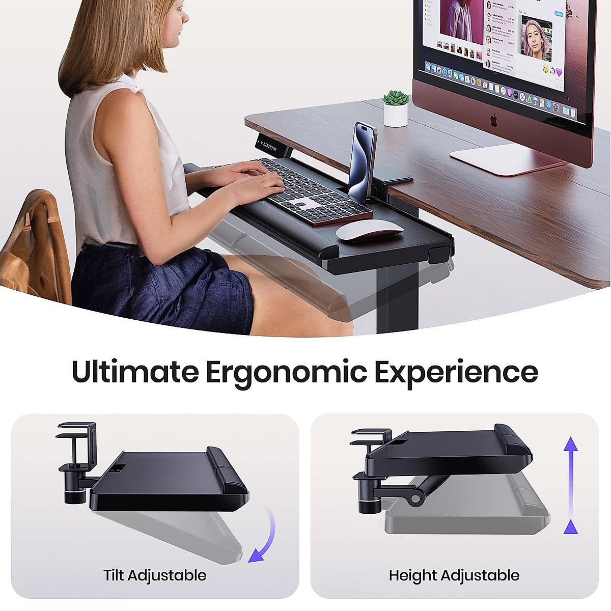Tilt&Height Adjustable Keyboard Tray Under Desk or Above Desk - Klearlook 2 in 1 PU Leather Clamp-on Rotating Keyboard Platform w/Wrist Rest&Drawer(Under Desk,Upon Desk),25x11"Sit Stand Keyboard Riser