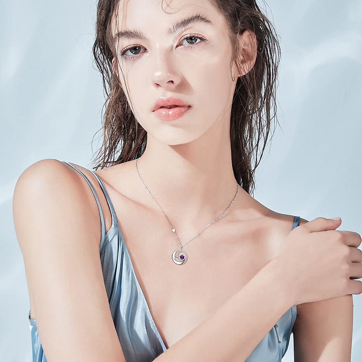 FANCIME 925 Sterling Silver February Birthstone Amethyst Necklace Moon Star Pendant Purple Gemstone Jewelry Birthday Anniversary Christmas Gifts for Women Daughter