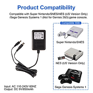 SNES Power Cord, NES Power Cord, AC Power Supply Compatible with Super Nintendo/SNES/NES/Genesis1