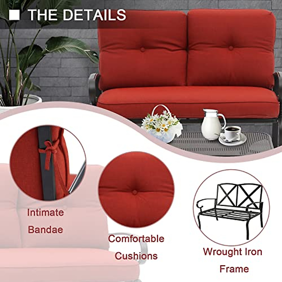 Incbruce Patio Loveseat with Coffee Table - Outdoor Bench with Cushion,2 Piece Wrought Iron Outdoor Loveseat Metal Frame Porch Furniture Set Bench for Patio, Poolside, Garden (Red)