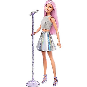 Barbie Pop Star Fashion Doll with Pink Hair & Brown Eyes, Iridescent Skirt & Microphone Accessory