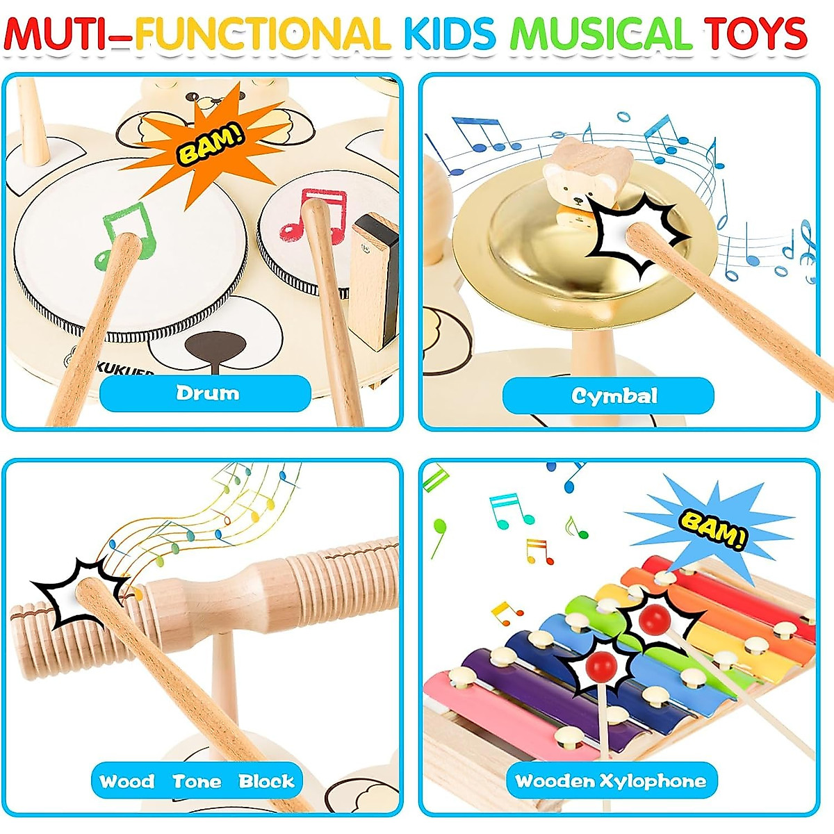 9 in 1 Kids Drum Set YOMESTE Toddlers Birthday Gift Wooden Xylophone Musical Instruments Kit,Montessori Musical Instruments Toys for Kids,Happy Gift ^_^ (Wooden Xylophone Drum Set)
