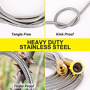 Metal Garden Hose 25FT- Stainless Steel Heavy Duty Water Hose with Solid Metal Nozzle &8 Function Sprayer, Portable & Lightweight Kink Free Yard Hose, Outdoor Hose