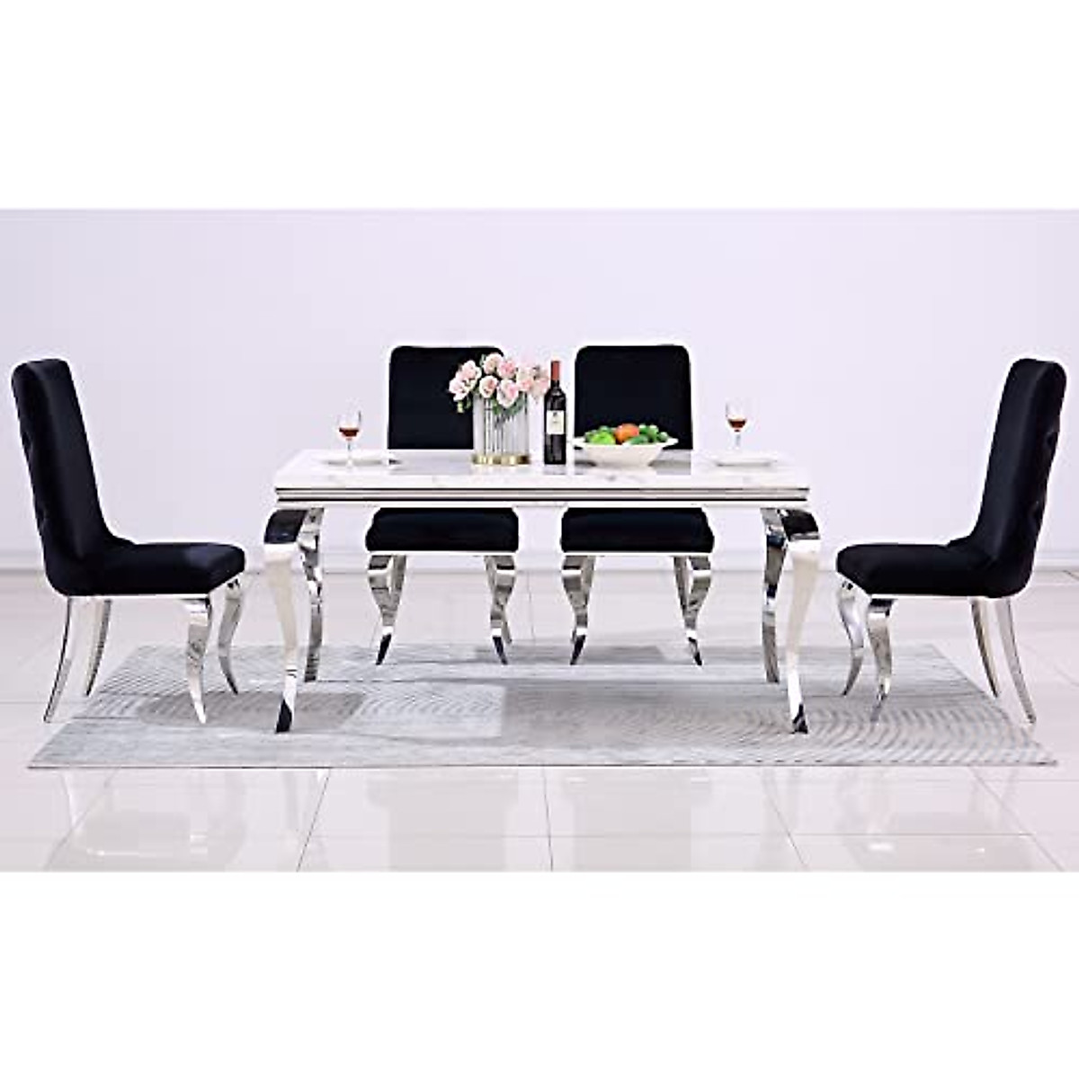 AZhome Dining Chairs, Black Velvet Upholstered Dining Room Chairs in Buttons Tufted Backrest, High Back Heavy Duty Dining Chair with Silver Mirrored Stainless Steel Legs, Set of 6