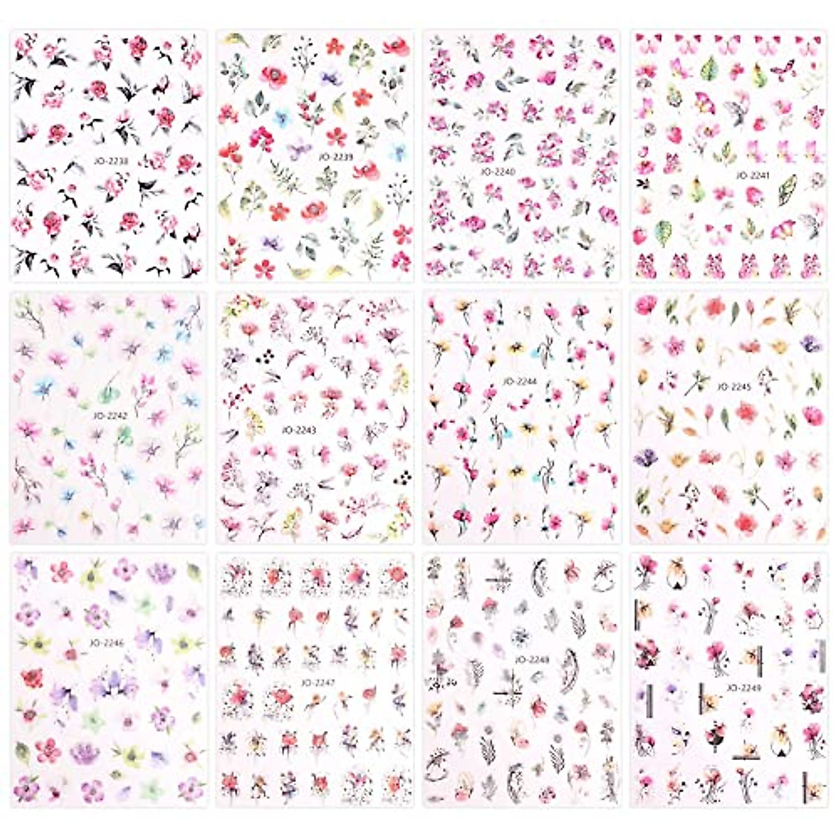JMEOWIO 12 Sheets Spring Flower Nail Art Stickers Decals Self-Adhesive Pegatinas Uñas Leaves Nail Supplies Nail Art Design Decoration Accessories