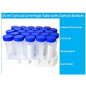50 ml Conical Centrifuge Tube with Conical Bottom, Leakproof Screw Caps, Sterile, Polypropylene (PP), Rack Packed (Pack of 25)