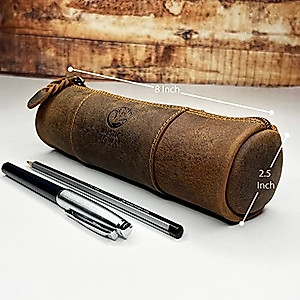 RUSTIC TOWN Leather Pencil Pouch - Zippered Pen Case for Work & Office (Brown)